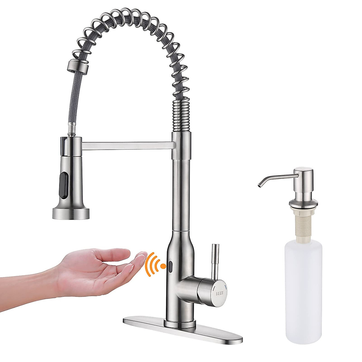 Touchless Kitchen Faucet,KEER Smart Motion Sensor Hands Free Single Handle spring kitchen sink faucet with Pull Down Sprayer,Brushed Nickel