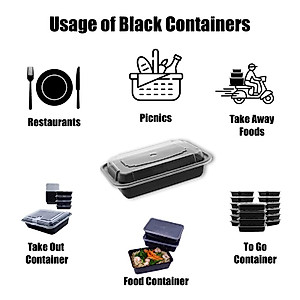 16 oz Meal Prep Rectangular Black Containers with Clear Lids - 50 Sets, Disposable Food Containers, To Go Food Container, Take Out Food Containers