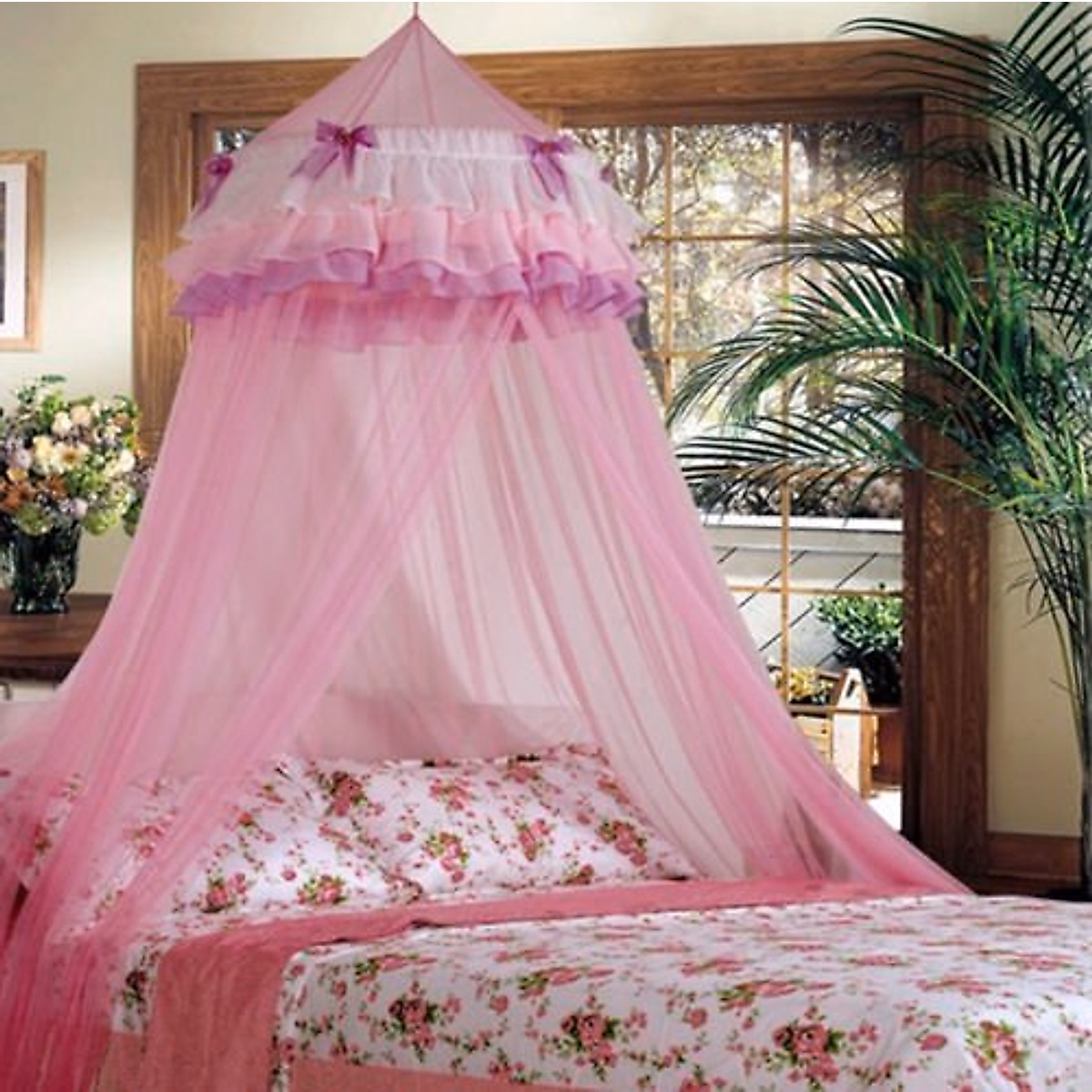 Costzon Kids Bed, Upholstered Platform, Wood Princess Bedframe, Sleeping Bedroom Furniture, Crystal Embedded Bed for Girls, Pink (Pink Net)