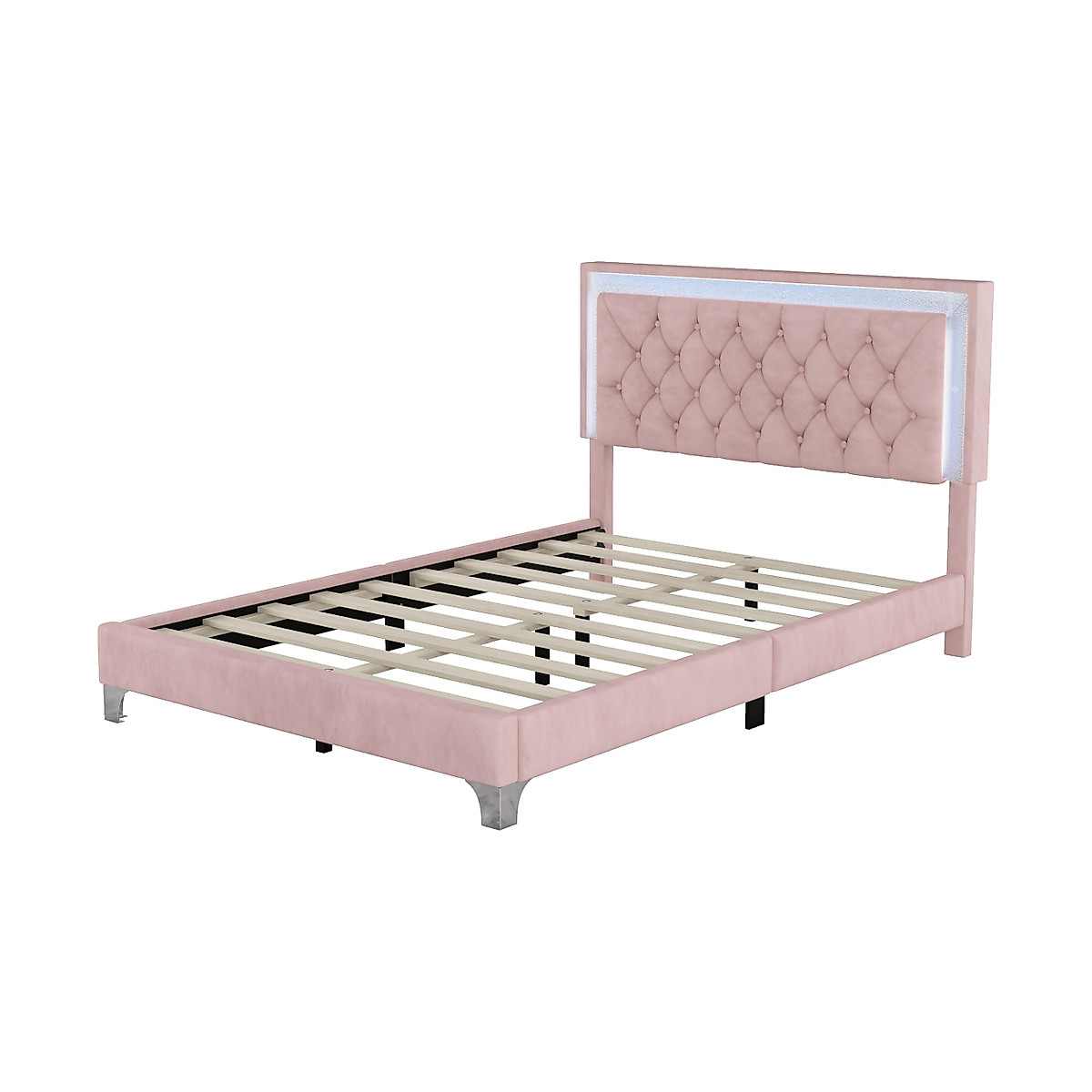 BEDGJH Upholstered Full Size Bed Frame with LED Lights, Modern Velvet Platform Bed with Tufted Headboard, Perfect for Kids Teens Girls & Boys Bedroom,No Box Spring Needed/Easy Assembly (Pink, Full)