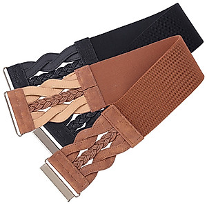 GRACE KARIN Womens Wide Elastic Belts PU Leather Waist Belts Vintage Fashion Woven Belt for Dresses Black Brown M