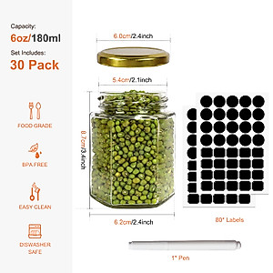 Betrome 30 Pack 6oz Hexagon Glass Jars with Gold Lids, 180ml Clear Glass Canning Jars Honey Jars Spice Jars Mason Jars for Jams, Shower Favors, Wedding Favors, Craft, 1 Pen and Labels Included