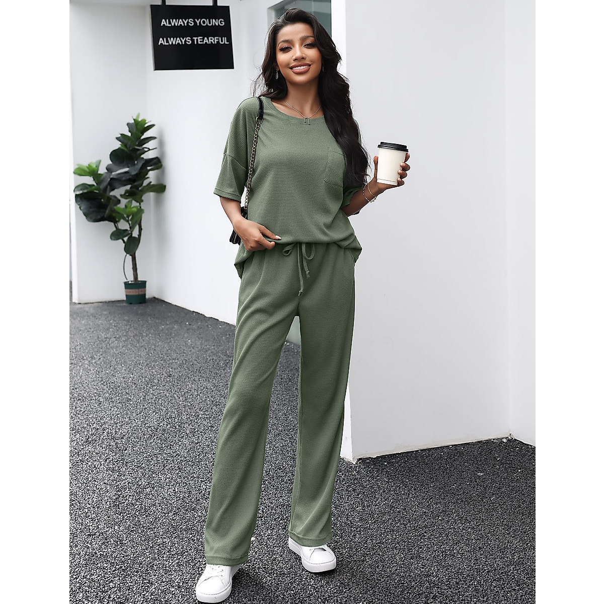 JiniGolla Womens Pajama Sets Waffle Short Sleeve Pj Set Sleepwear Two Piece Loungewear Lounge Sets Green M