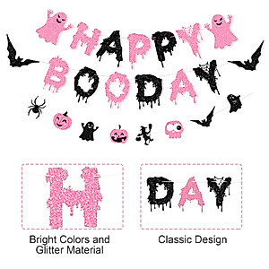 120Pcs Pink Black Halloween Birthday Party Decorations, Happy Boo Day Glitter Banner Ghost Bat Foil Balloons Garland Cake Topper for Girl Kids Halloween Baby Shower Gender Reveal Little Boo Supplies