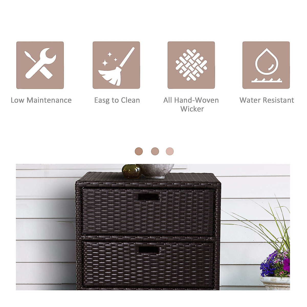 Outsunny Patio Wicker Pool Caddy, PE Rattan Storage Cabinet Organizer, Outdoor Towel Rack for Pool with 3 Large Drawers and Weather-Fighting Material, Brown