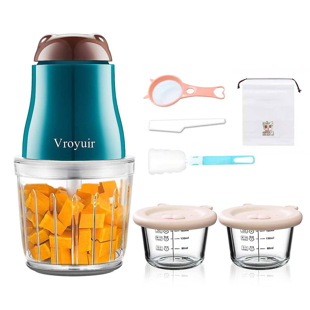 Vroyuir Baby Food Maker, 600ML Baby Food Blender with 10 Blades, Baby Food Processor for Baby Food, Fruit, Vegatable, Meat, with Two 200ml Glass Bowls, Storage Bag, Cleaning Brush, Scraper