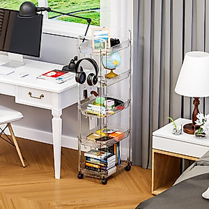 Clear 5 Tier Rolling Utility Cart with Wheels,Modern Bedside Cart for Baby Essentials,Nursery,Diaper Caddy,Baby Supplies,Rolling Storage Cart for Living Room,Bathroom,Kitchen,Book Cart