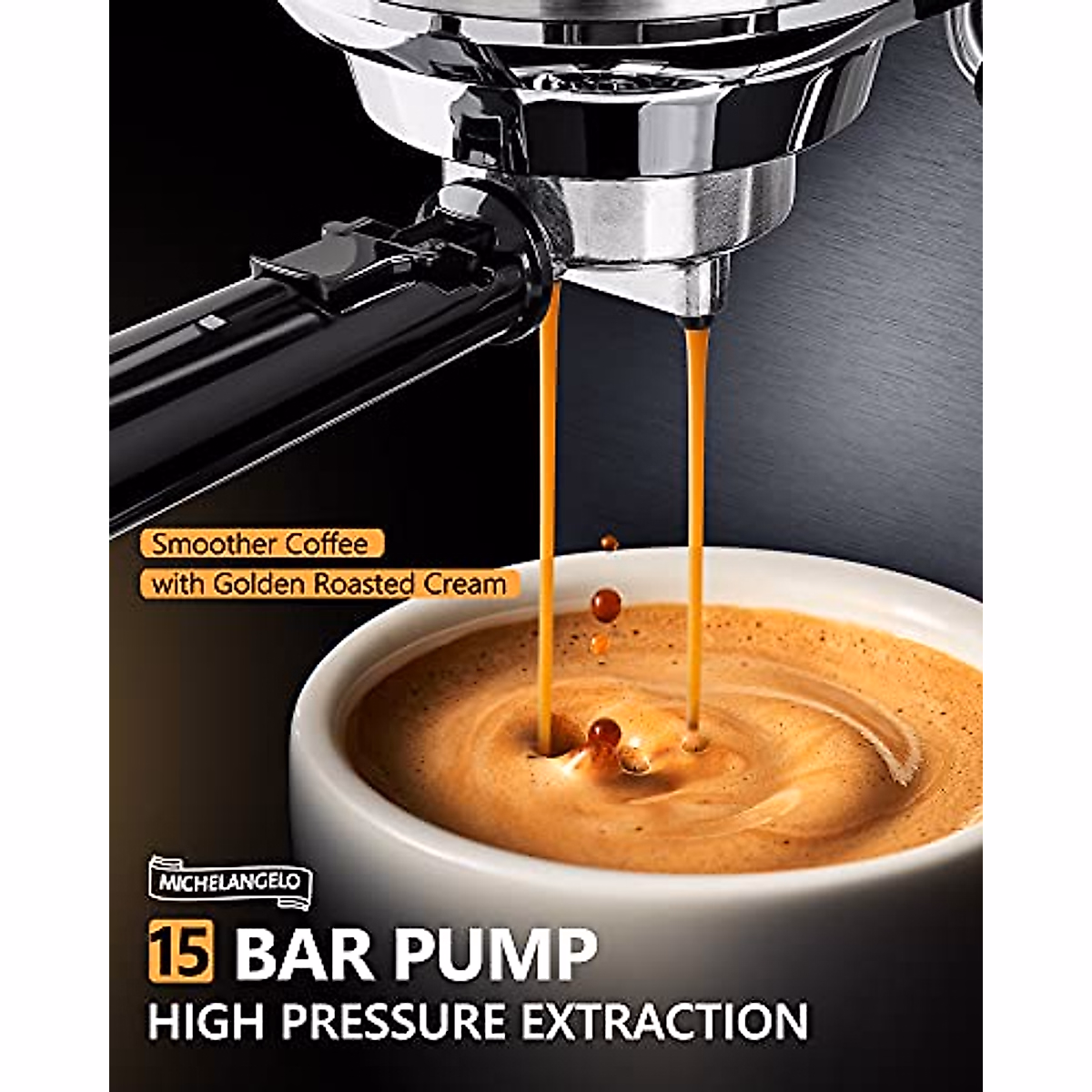 MICHELANGELO Stainless Steel Espresso Coffee Machine with Milk Frother, Small Coffee Maker for Home, 15 Bar - Cappuccino, Latte