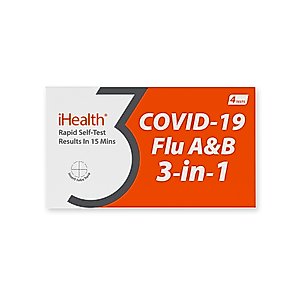 iHealth COVID-19, Flu A&B 3-in-1 Antigen Rapid Test, Results in 15 Minutes, FDA Authorized OTC Flu & COVID Home Test, with Non-invasive Nasal Swab, Easy to Use & No Discomfort (1 Pack, 4 Tests Total)