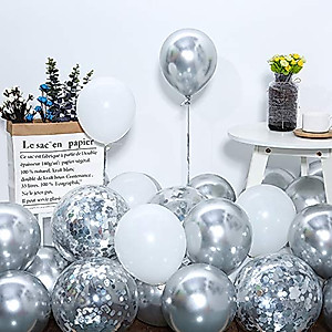 103pcs White and Silver Balloons Garland Arch Kit 5” 10 Inch 12” White Silver Metallic Confetti Latex Balloons Arch Set for Winter Wonderland Birthday Baby Shower Wedding Party New Year's Day Decor