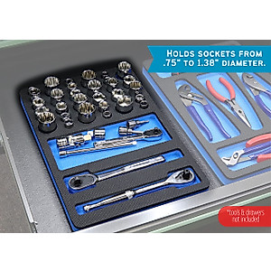 Polar Whale Tool Drawer Organizer Socket Holder Insert Blue and Black Durable Foam Strong Tray 15 x 10 Inches Holds 30 Sockets and More Fits Craftsman Husky Kobalt Milwaukee and Many Others