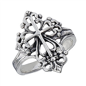 Oxidized Vintage Victorian Filigree Cross Ring Sterling Silver Band Size 9
