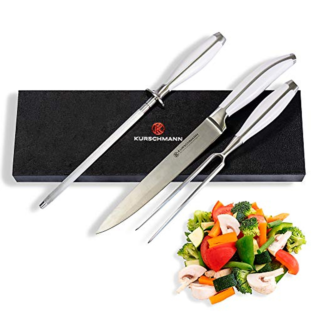Kurschmann CLEARANCE 3-Piece Arctic White Carving Set for Cutting Meat, Includes German Stainless Steel Knife, Fork, and Honing Rod, with Modern, Rivetless Handles in Gift Box