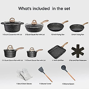 JEETEE Pots and Pans Set Nonstick 20PCS, Granite Coating Cookware Sets Induction Compatible with Frying Pan, Saucepan, Sauté Pan, Grill Pan, Cooking Pots, PFOA Free, (Grey, 20pcs Cookware Set)