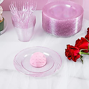 BUCLA 100pack Dessert Plates Pink Plates 6.5inch -100pack Plastic Dessert Forks 5inch-100Pack Disposable 9oz Rose Pink Plastic Cups- Perfect for Weddings& Parties&Mothers Day Plates