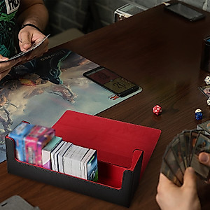 Weewooday MTG Desk Box 400 Card Desk Box Card Storage Box Magnetic Deck Box PU Leather Deck Box for Trading Card Games 12.2 x 4.4 x 3.74 Inches (Black and Red)