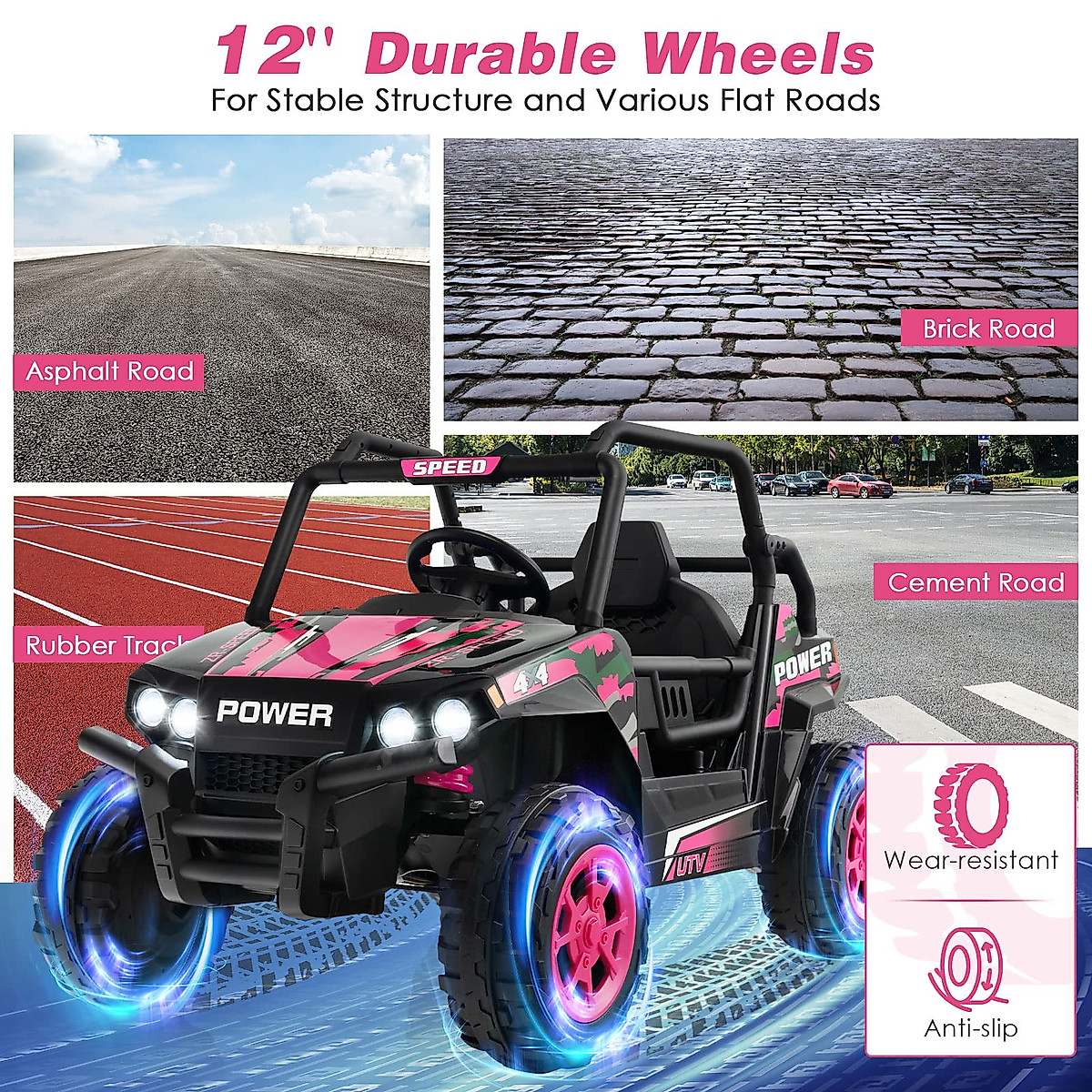 Costzon Ride on Car, 12V Kids UTV with 2.4G Remote Control, Music, LED Lights, Radio, USB Port, Storage, Slow Start, Battery Powered Off-Road Buggy for Boys Girls Aged 3-8 Years, Ride on UTV (Pink)