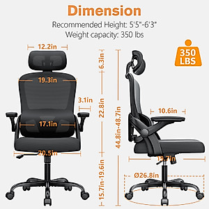 ORRSAKER Ergonomic Office Chair, High Back Computer Chair with Adjustable Lumbar Support, 3D Armrest, Headrest, Mesh Home Office Desk Chair for Work and Study, Ergonomic Chair for Long Hours, Black