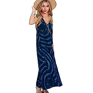 wodceeke Women's 2021 Suspender V-Neck Halter Maxi Dress Circle Print Beach Dress Loose Maternity Dress (Black, XXL)