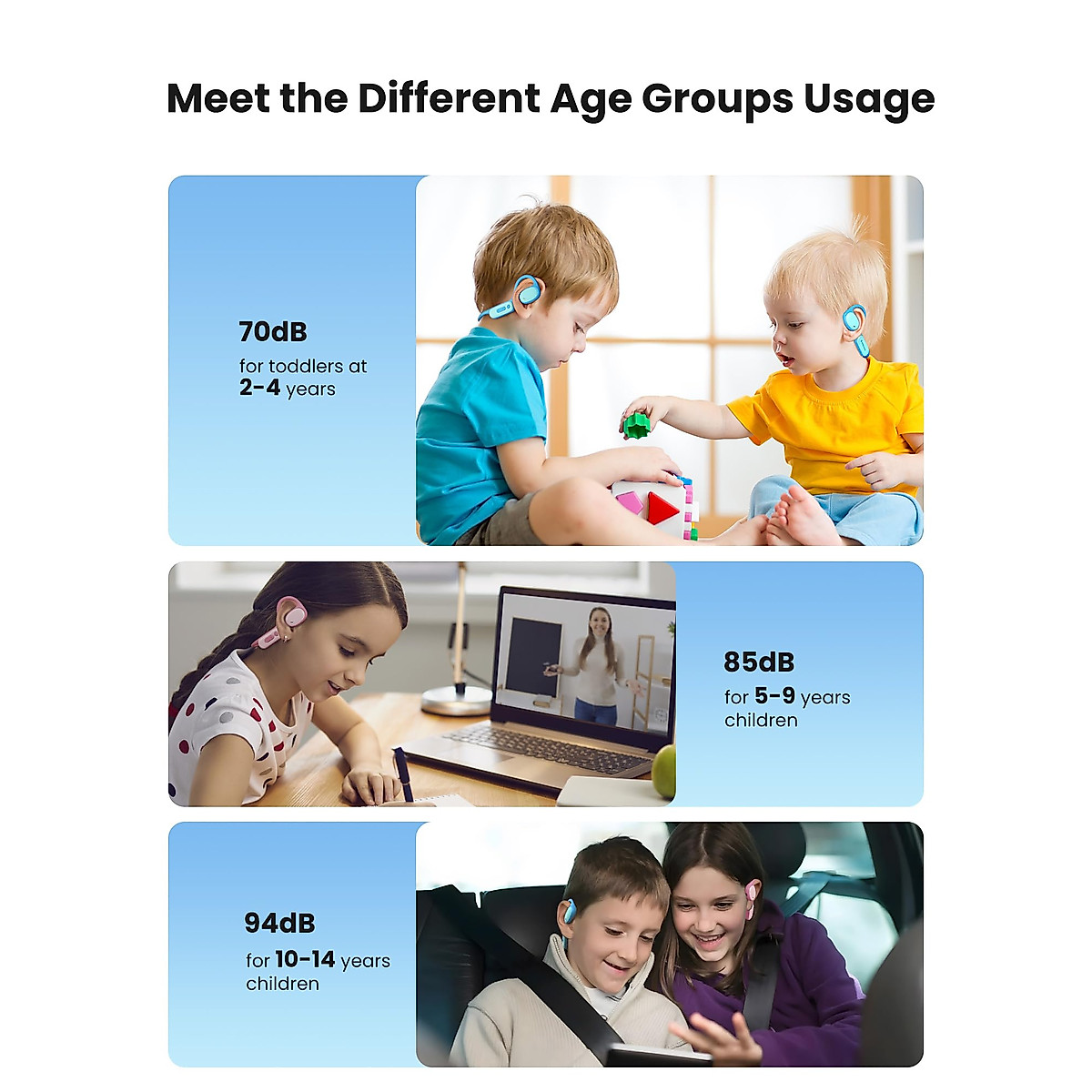 Hinersound Kids Bluetooth Headphones Open Ear Air Conduction,70/85/94dB Volume Control Ultra-Light Wireless Sport Kids Earbuds for Children Travel/Running/Cycling