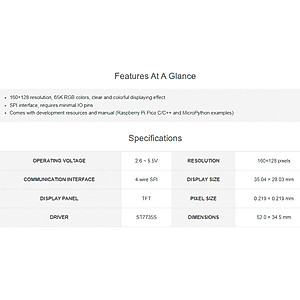 waveshare for Raspberry Pi Pico 1.8inch LCD Display Module, TFT Screen Display 160x128 Resolution 65K RGB Display Color SPI Interface 2.6-5.5V Operating Voltage