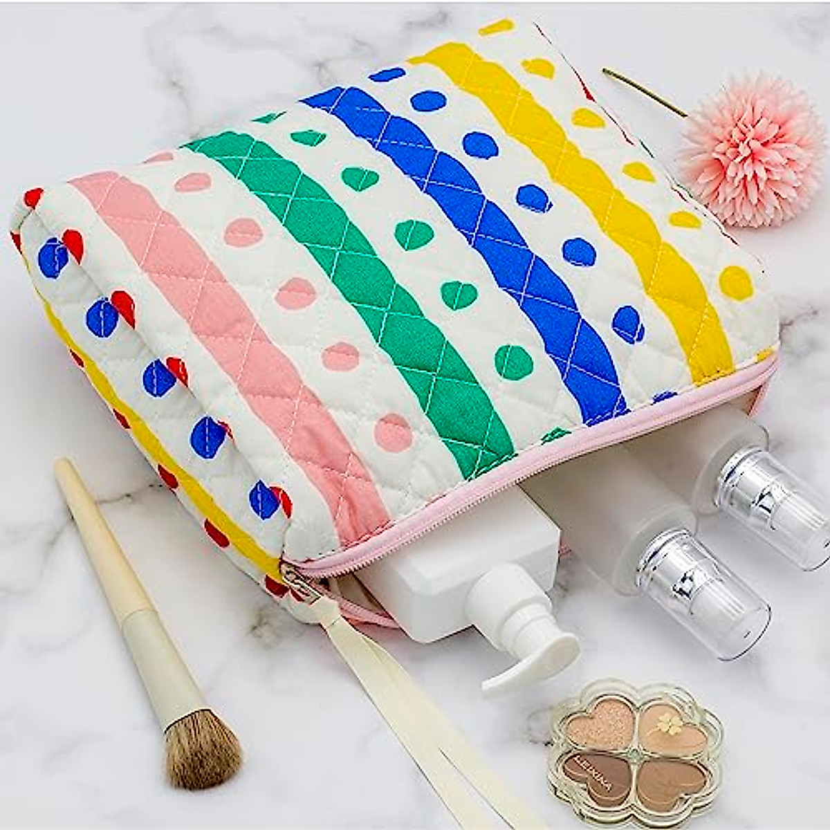 PAZIMIIK Cotton Makeup Bag for Women Large Quilted Travel Cosmetic Pouch Girls' Make Up Organizer,Colorful Polka Dot