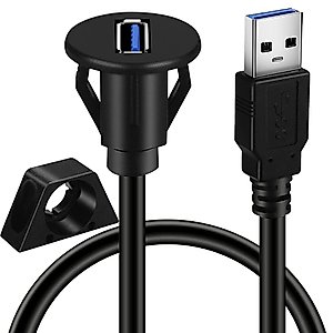 BATIGE 2 Pack Small USB 3.0 Male to Female AUX Flush Panel Mount Extension Cable for Car Truck Boat Motorcycle Dashboard 3ft