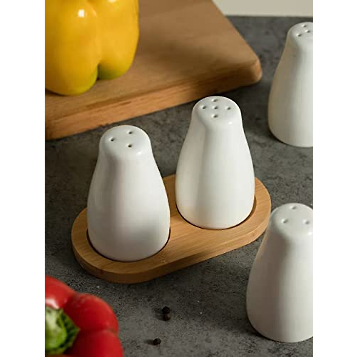 Salt and Pepper Shakers Set with a Bamboo Tray Ceramic Salt Shaker White Salt and Pepper Shaker Simplicity Salt and Pepper Set