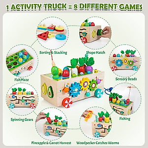 Montessori Toys for 1+ year old, 8-in-1 Wooden Activity Truck Toy Includes Carrot Harvest Game, Sorting & Stacking Toy, Magnetic Fishing Game, Learning Toy for Toddlers, Xmas Birthday Gift for Kids