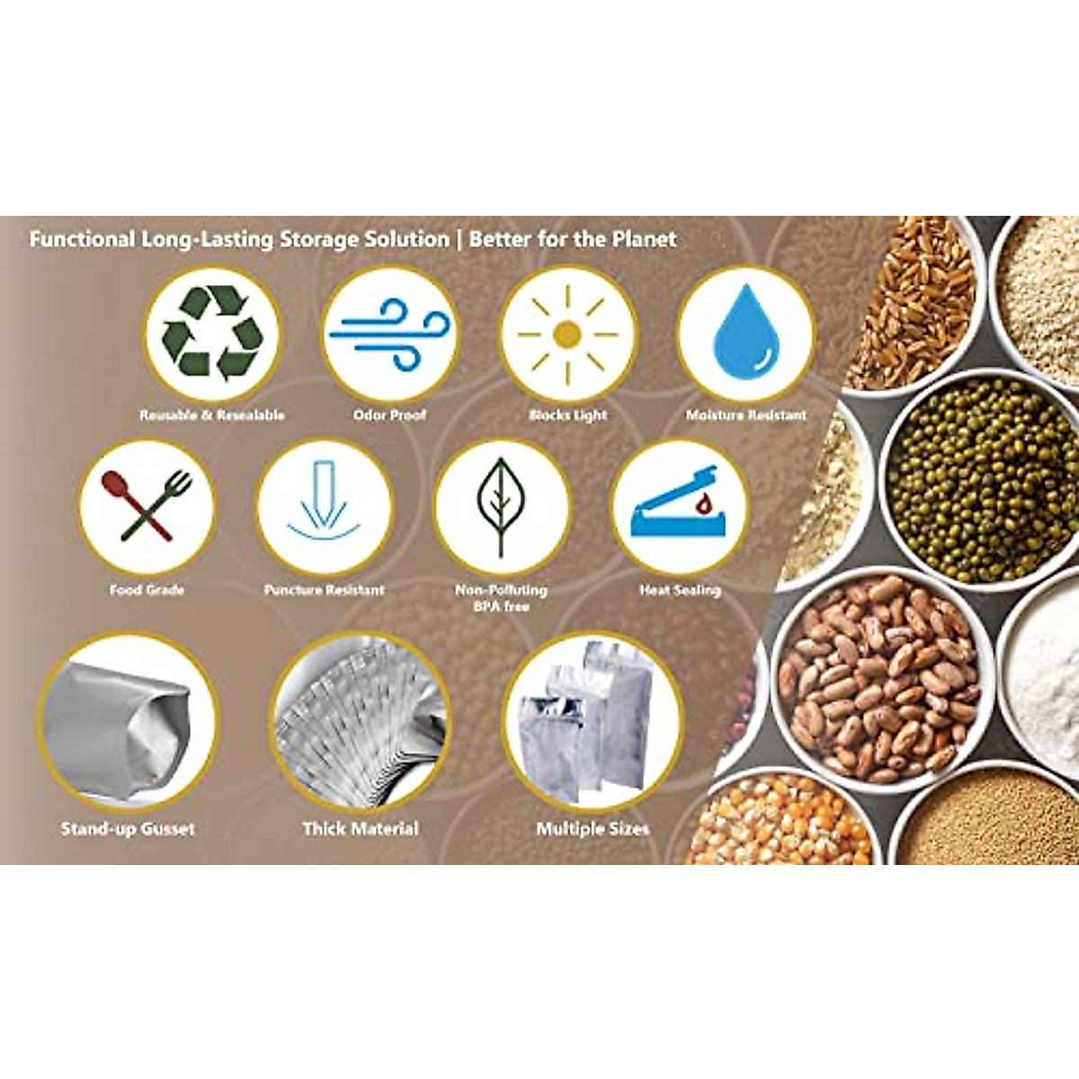 Habitual Heart 100 Thick Mylar Bags for long term food storage 130 300cc Oxygen Absorbers & Emergency Food Kit Gusset Stand-Up Ziplock Resealable Bags 9.5 mil Thick 3 sizes: Gallon Quart 1/2Pint