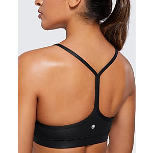 CRZ YOGA Butterluxe Womens Y Back Sports Bra - Padded Racerback Low Impact Spaghetti Thin Strap Workout Yoga Top Faux Leather Black Medium