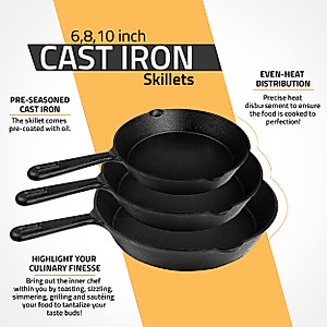Utopia Kitchen Pre-Seasoned Cast Iron Skillet Set 3-Piece - 6 Inch, 8 Inch and 10 Inch Cast Iron Set (Black)