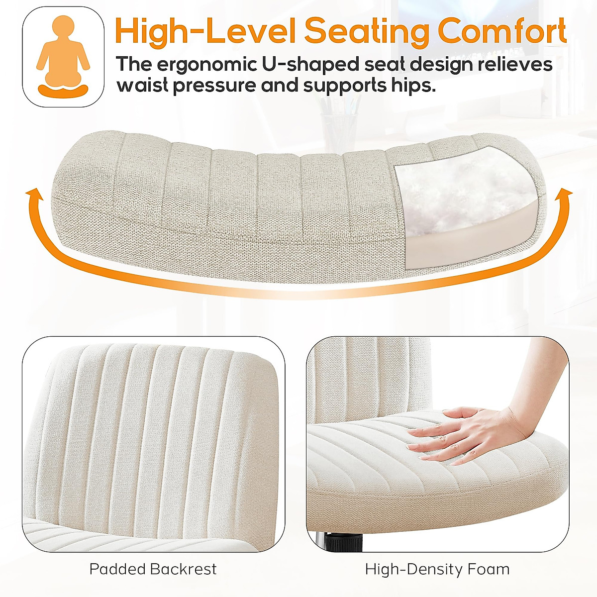 DUMOS Cirss Cross Chair Legged Office Wide Comfy Desk Seat, No Wheels Armless Computer Task Seating, Swivel Vanity Home Height Adjustable