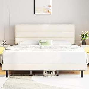 IYEE NATURE Full Bed Frame with Headboard,Sturdy Platform Bed with Wooden Slats Support,No Box Spring,Mattress Foundation,Easy Assembly,Beige
