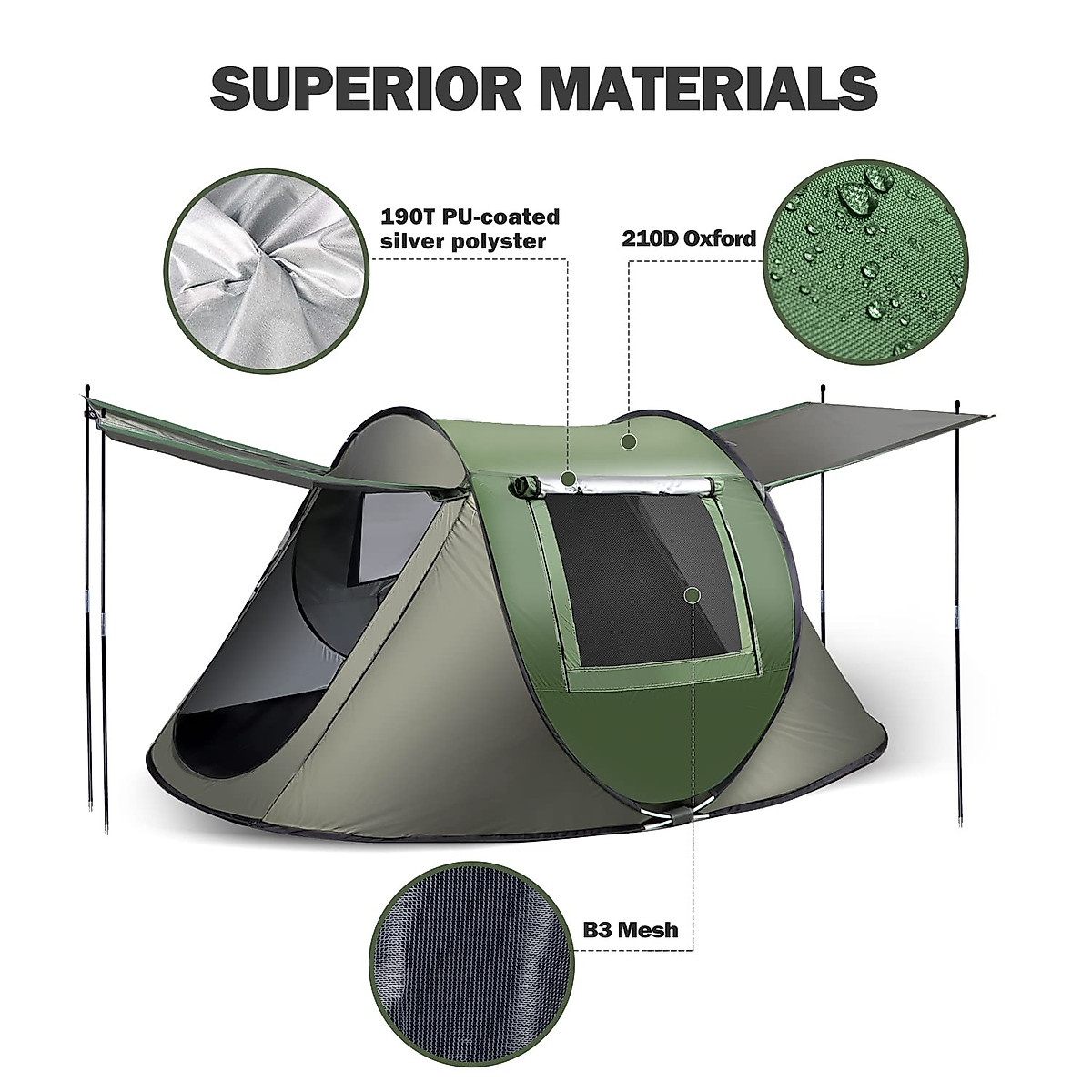 RealPero Instant Pop Up Tent, Automatic Easy Setup Outdoor Waterproof Windproof Family Tent, Upgraded 2 Doors Vestibule Sun Shelter for 2/3 People Outdoor Camping,Travelling,Hiking, Beach,Green