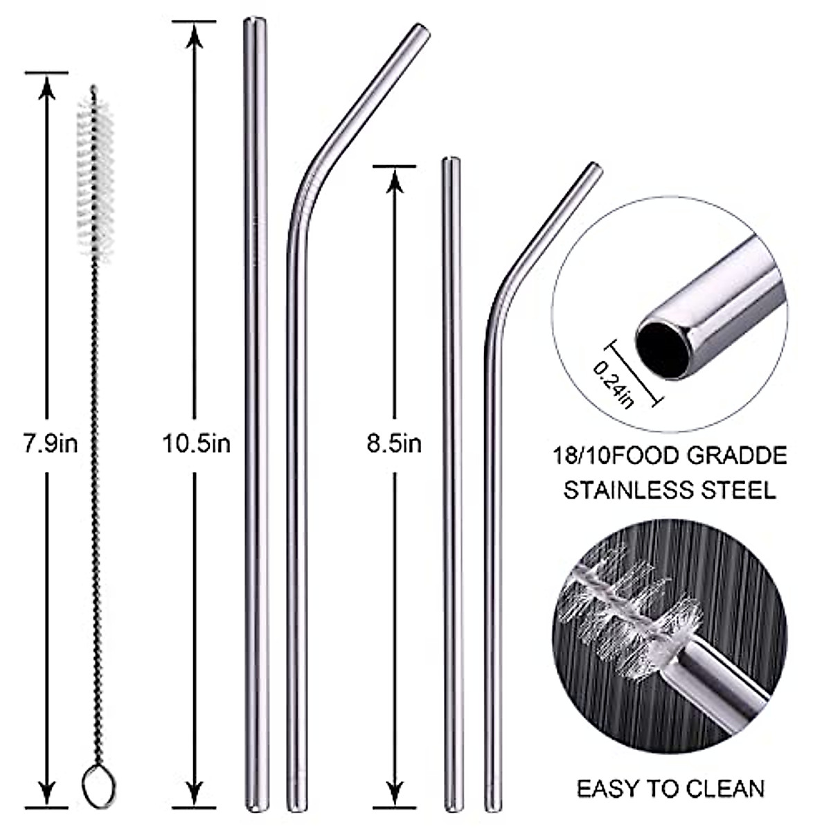 12-Pack Reusable 18/10 Stainless Steel Metal Straws with Silicone Tips & Cleaning Brush, Suotarn Long Drinking Straws for 20 24 30 oz Coffee Tumbler Travel Mug Cup, Dishwasher Safe, Silver