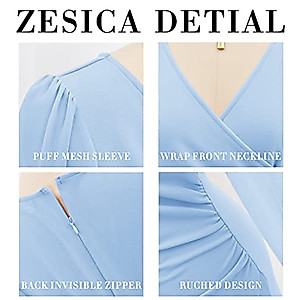 ZESICA Women's Wrap V Neck Bodycon Mini Dress Puff Long Sleeve Ruched Asymmetrical Hem Cocktail Party Short Dresses,LightBlue,Medium