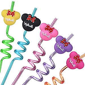 25 Mouse Ear Straws with 2 Cleaning Brush 5 Designs Great for Minnie Theme Birthday as Party Favors and Party Supplies