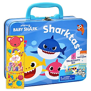 Baby Shark Coloring and Activity Tin Box for Kids Includes Baby Shark Mess Free Crafts with Crayons Stickers Sketch Pad Color Kit in Tin Box for Toddler Boys and Girls, Gift Boutique Bookmark Included