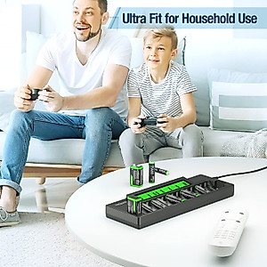HiQuick 16+2 Bay AA AAA 9V Battery Charger, Fast Charging for NiMH NiCD Rechargeable Batteries, 2 Separate Charging Slot for 9V NiMH/Li-ion Battery with Smart LCD Display and AC Wall Adapter