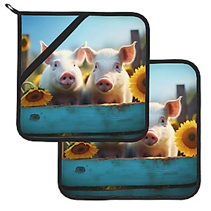 Pot Holders Set of 2, Funny Pig Hanging on Fence Heat Resistant Kitchen Non Slip Printed Cooking Barbecue Baking Microwave, 8x8 Inches
