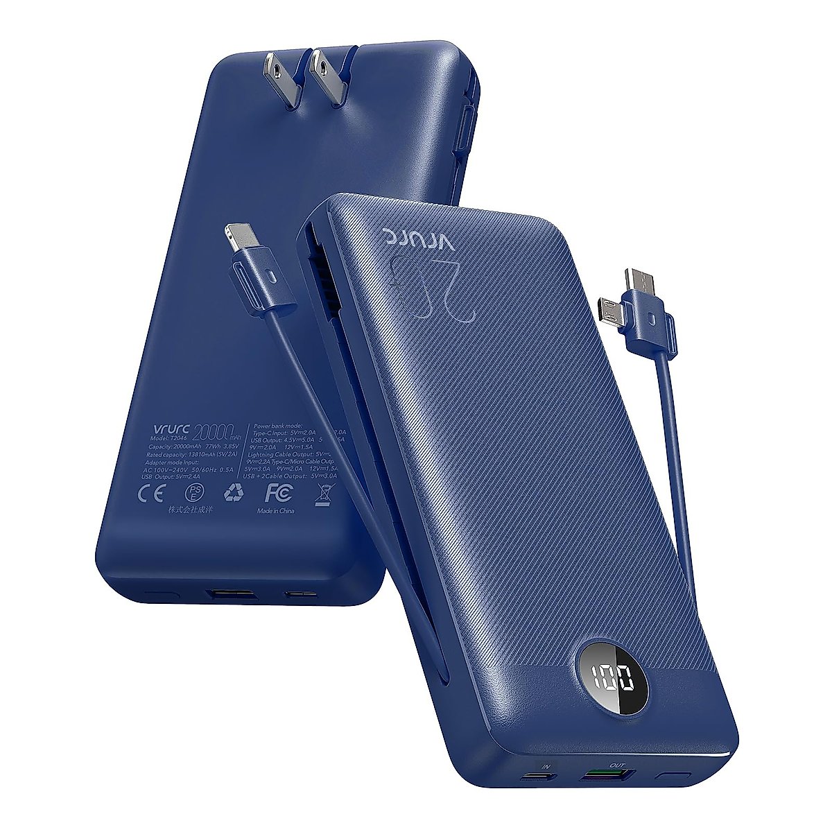 VRURC Portable Charger 20000mAh, Fast Charging Power Bank USB C,4 Output 2 Input Charging Bank Equipped with LED Display,Built-in Wall Plug and Cables,Cell Phone Replacement Battery,Blue