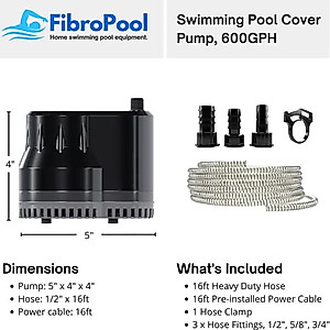 FibroPool Pool Cover Pump (600 GPH) - Submersible Electric Utility Water Pumps - 16 foot Heavy Drain Hose - For All Swimming Pools, Spas and Hot Tubs