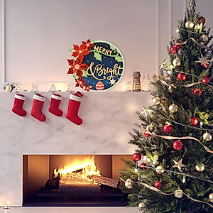 CHDITB Christmas Decoration Merry & Bright Door Sign(11.4"x11.4"), Wooden 3D Christmas Wall Hanging Sign with Mistletoe Jingle Bell, Cute Housewarming Gift for Home Office Xmas New Year