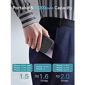 NEWDERY Magnetic Wireless Portable Charger, 10000mAh Mag-Safe Battery Pack 15W Fast Charging, PD 22W USB-C Power Bank Foldable Stand Compatible iPhone 14/13/12 Pro Max Plus Mini-Black