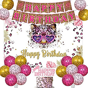 kreat4joy Cheetah Print Birthday Decorations Girl, Cheetah Happy Birthday Decorations Backdrop Banner Cake Topper, Cheetah Print Balloons Leopard for Safari Jungle Animal Cheetah Supplies