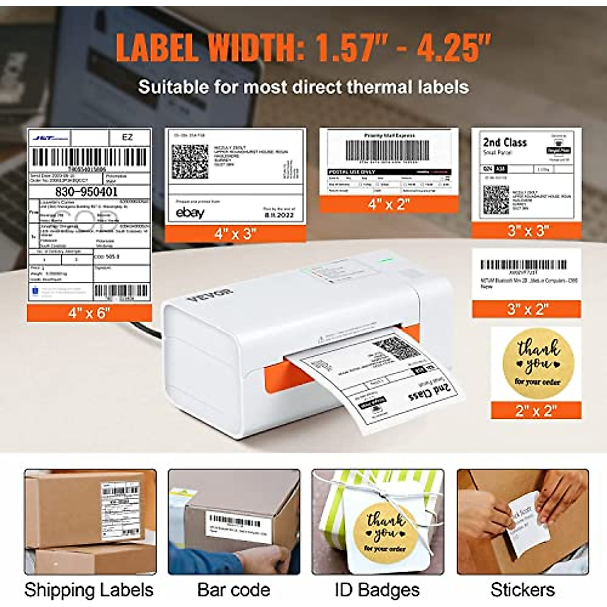 VEVOR Thermal Label Printer, Shipping Label Printer for 4"x6" Labels, USB Connection & Auto Label Recognition, Support Windows/MacOS/Linux/Chromebook, Compatible w/Amazon, Ebay, Etsy, UPS,etc