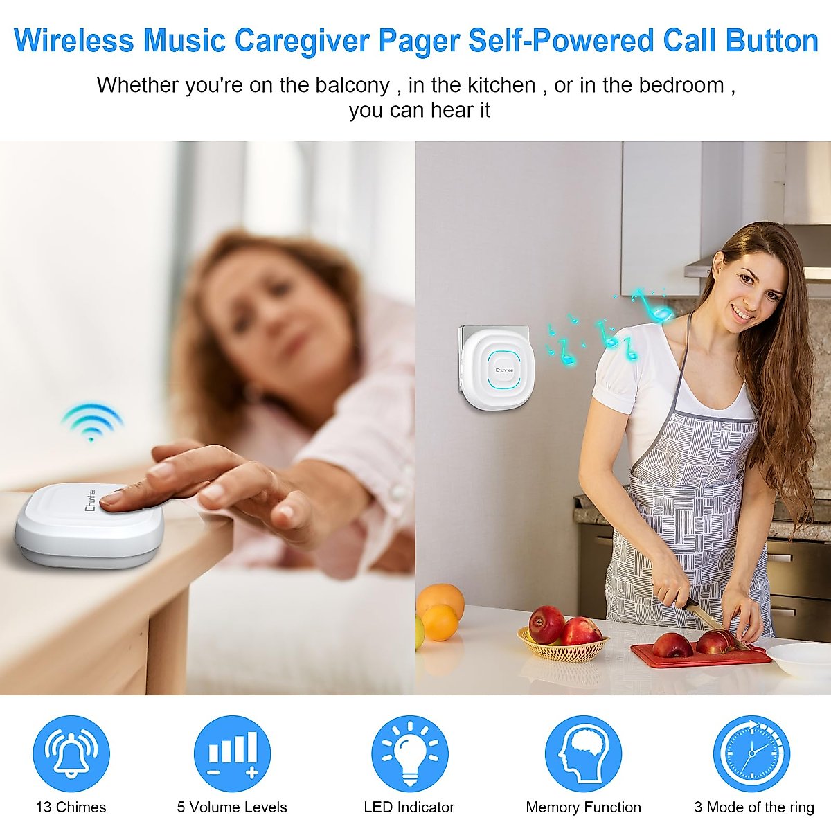 ChunHee Smart Wireless Caregiver Pager Self-Powered Call Button Medical Alert System Call Bell 500+ Feet for Home/Elderly/Patient/Disabled 2 Call Buttons/Transmitters 1 Receiver