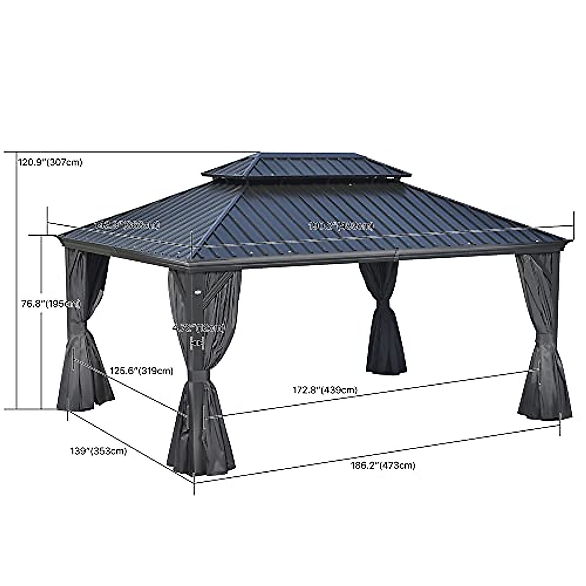 WeYard Hardtop Gazebo for Patios, Portofino 12’x16’, Permanent Alum-Frame & Steel-Structure Pergola, for Outdoor Relax/Grill/BBQ, with All-Sides Nettings, Curtains…