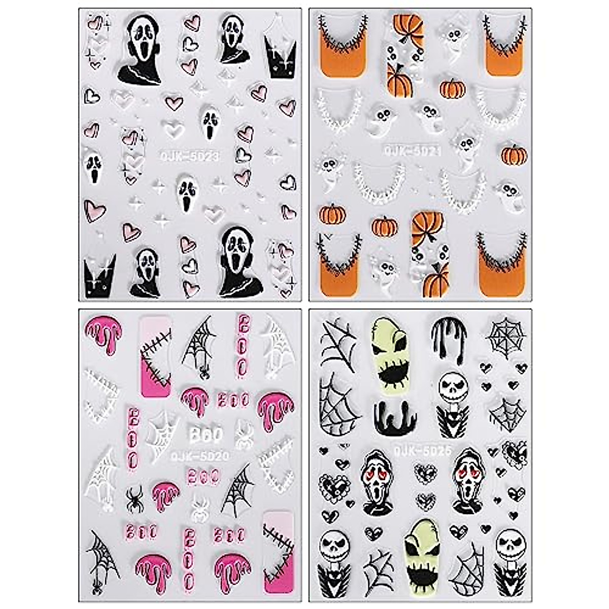 JMEOWIO 3D Embossed Halloween Nail Art Stickers Decals Self-Adhesive Pegatinas Uñas Pink 5D Skull Cute Ghost Spider Web Spook Nail Supplies Nail Art Design Decoration Accessories 4 Sheets